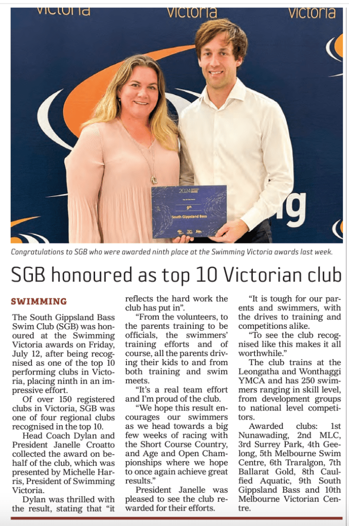 SGB Honoured as top 10 Victorian Club - SOUTH GIPPSLAND BASS SWIMMING CLUB